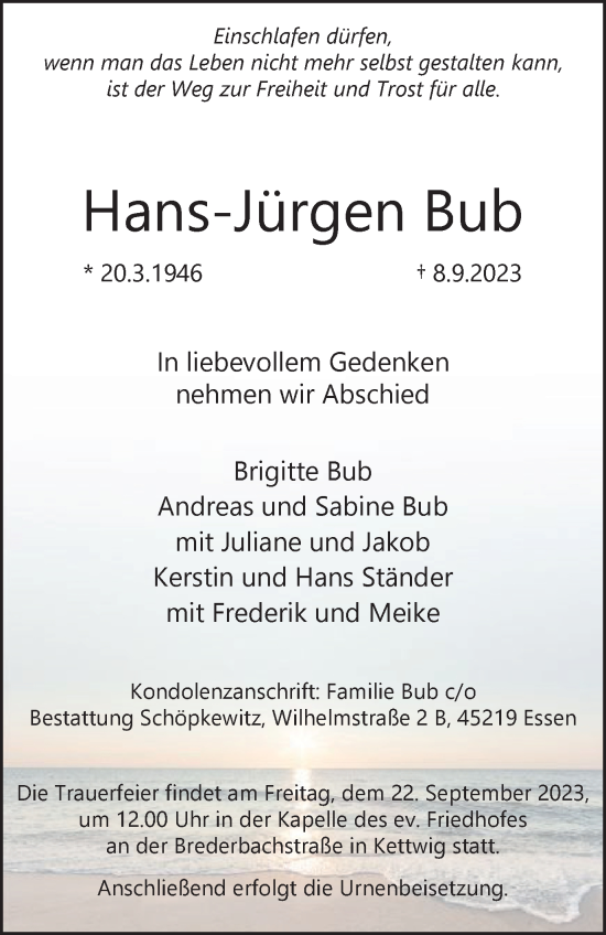 Traueranzeigen von Hans-Jürgen Bub | Trauer-in-NRW.de