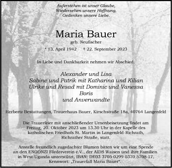 Traueranzeigen von Maria Bauer | Trauer-in-NRW.de