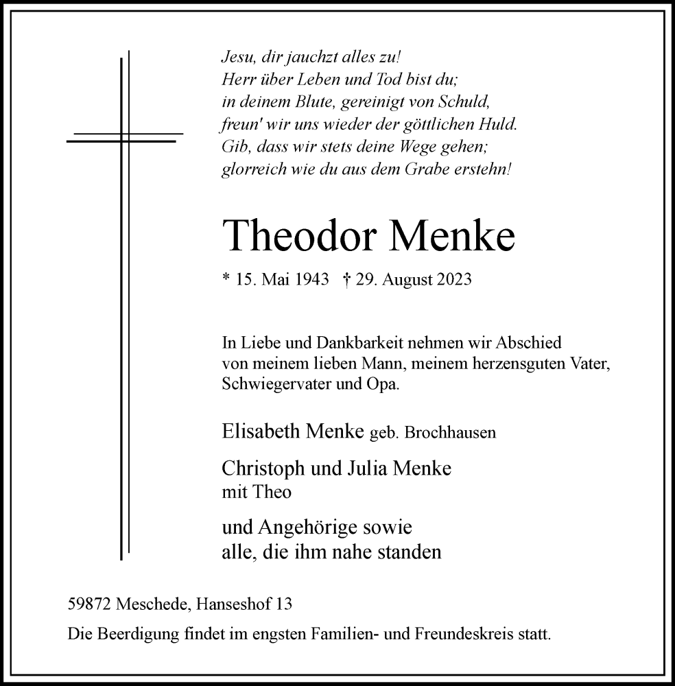 Traueranzeigen von Theodor Menke | Trauer-in-NRW.de