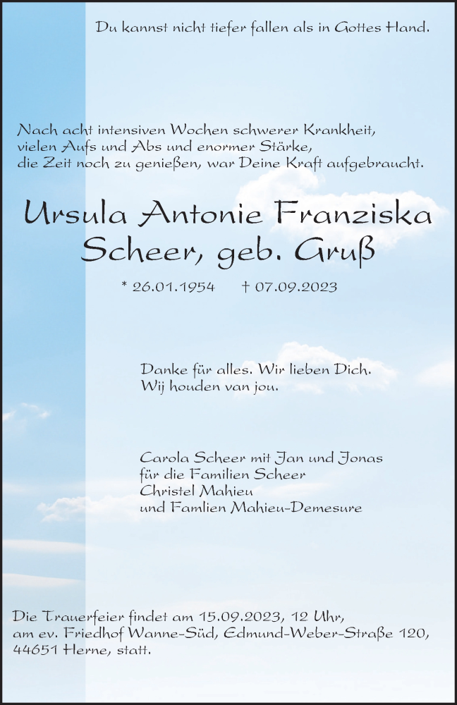 Traueranzeigen von Ursula Antonie Franziska Scheer | Trauer-in-NRW.de