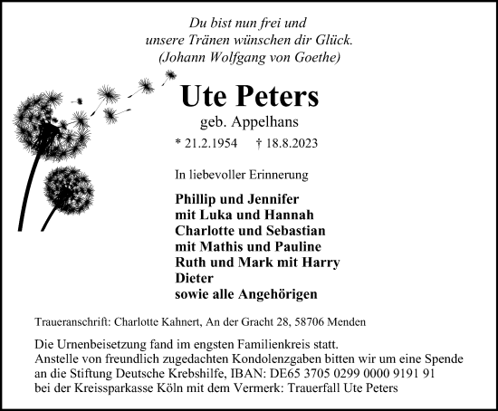 Traueranzeigen von Ute Peters | Trauer-in-NRW.de
