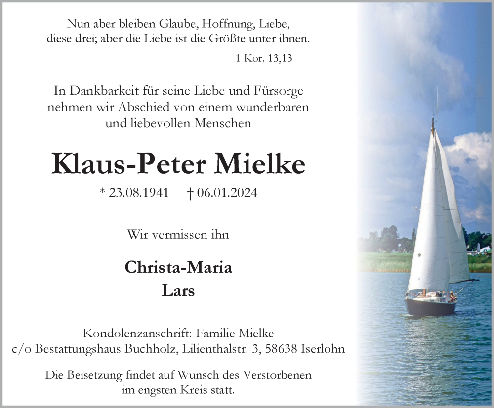 Traueranzeigen von Klaus-Peter Mielke | Trauer-in-NRW.de