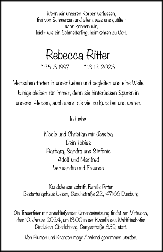 Traueranzeigen von Rebecca Ritter | Trauer-in-NRW.de