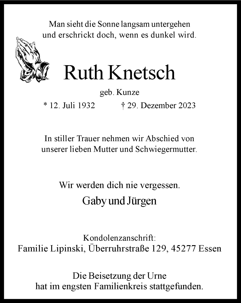 Traueranzeigen von Ruth Knetsch | Trauer-in-NRW.de