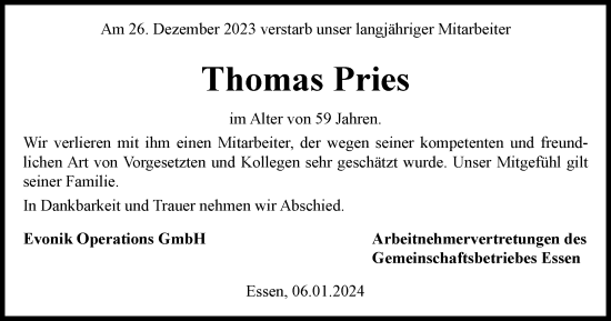 Traueranzeigen von Thomas Pries | Trauer-in-NRW.de