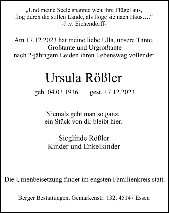 Traueranzeigen von Ursula Rößler | Trauer-in-NRW.de