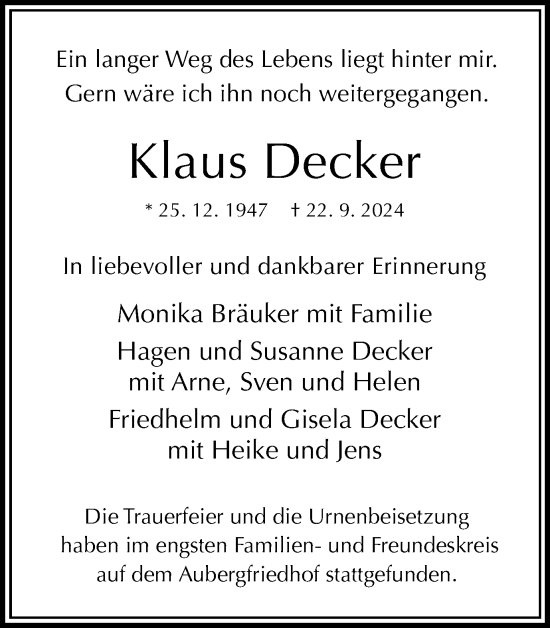 Traueranzeigen von Klaus Decker | Trauer-in-NRW.de