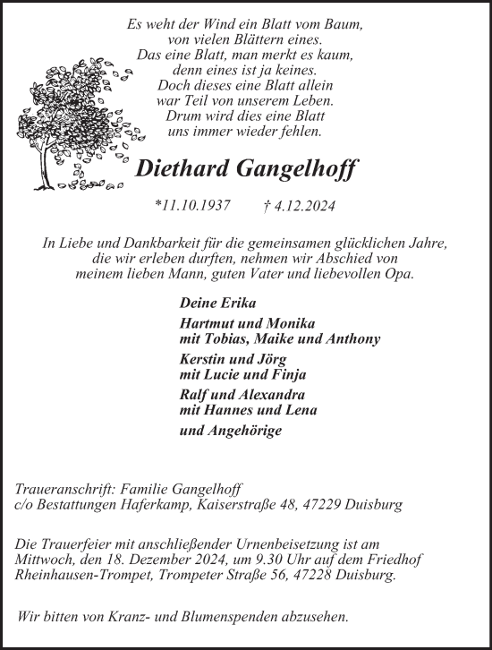 Traueranzeigen von Diethard Gangelhoff | Trauer-in-NRW.de