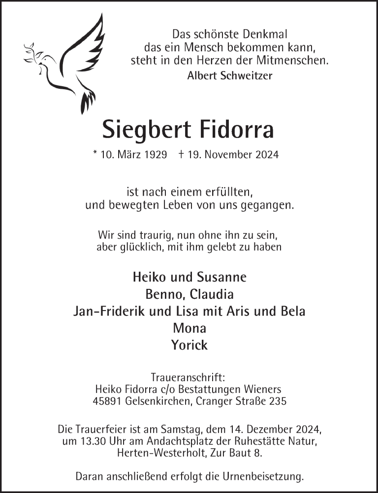 Traueranzeigen von Siegbert Fidorra | Trauer-in-NRW.de