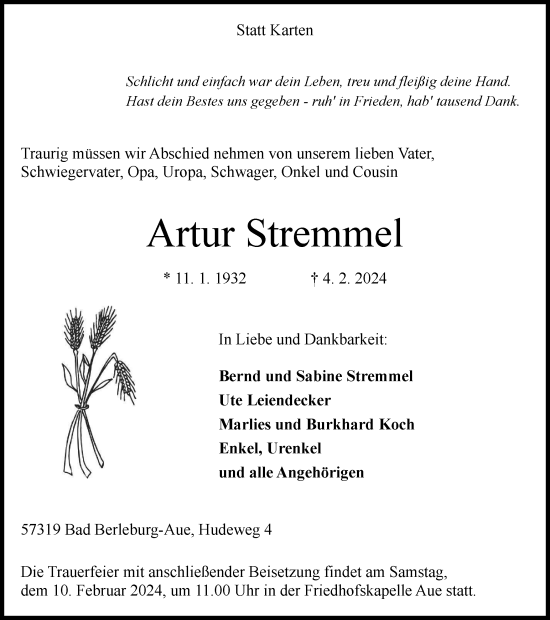 Traueranzeigen von Artur Stremmel | Trauer-in-NRW.de