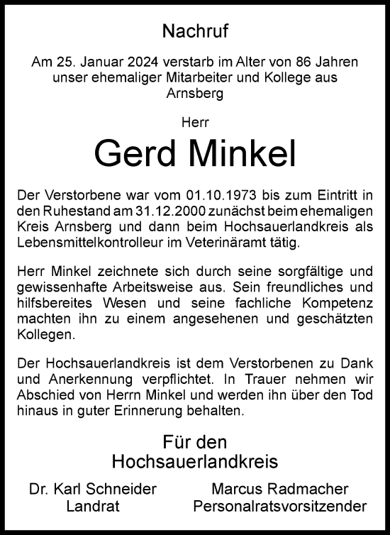 Traueranzeigen von Gerd Minkel | Trauer-in-NRW.de