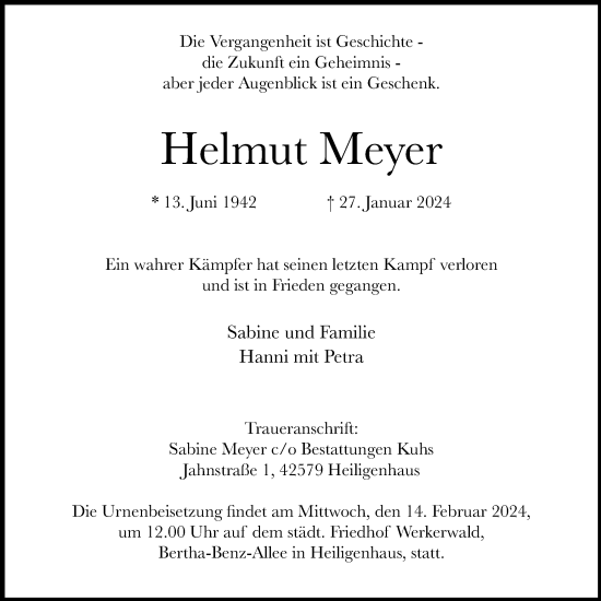 Traueranzeigen von Helmut Meyer | Trauer-in-NRW.de