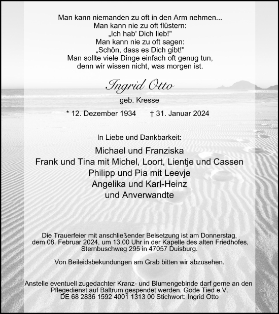 Traueranzeigen von Ingrid Otto | Trauer-in-NRW.de