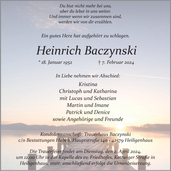 Traueranzeigen von Heinrich Baczynski | Trauer-in-NRW.de