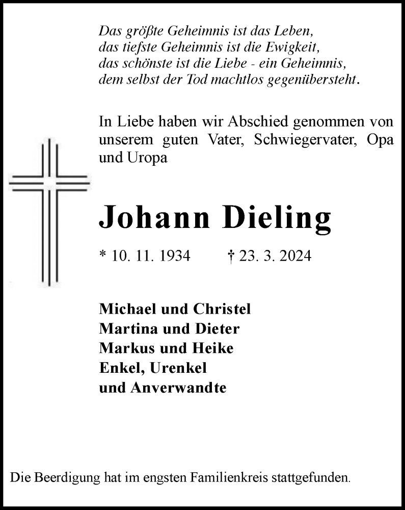 Traueranzeigen von Johann Dieling | Trauer-in-NRW.de