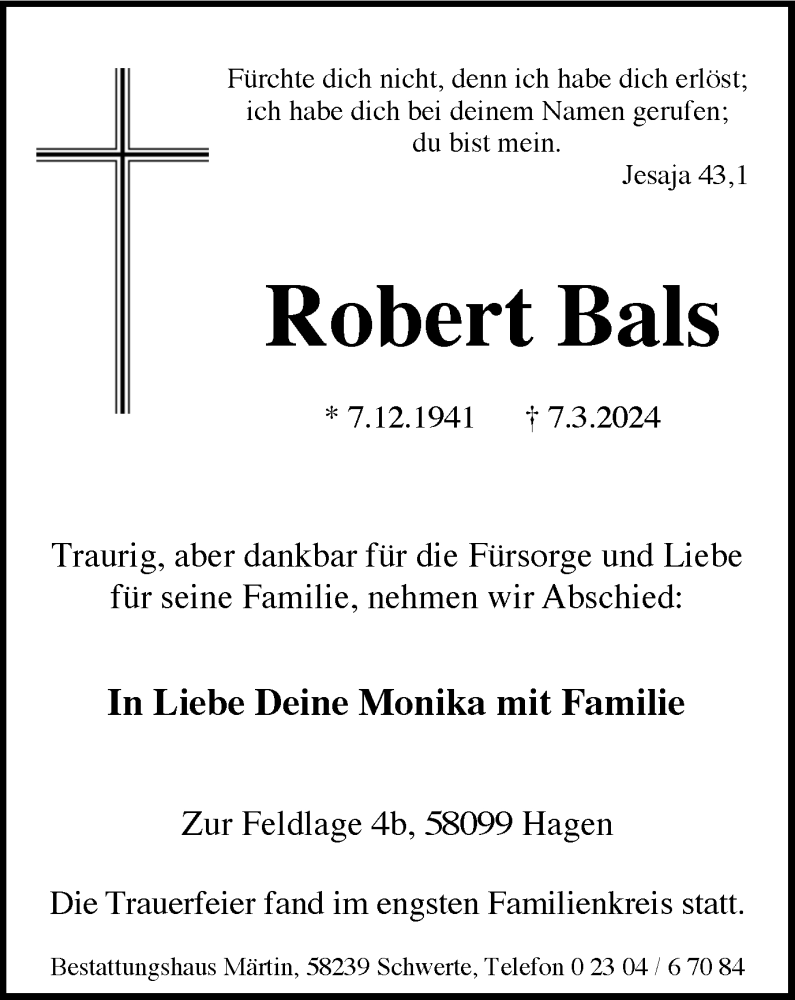 Traueranzeigen von Robert Bals | Trauer-in-NRW.de