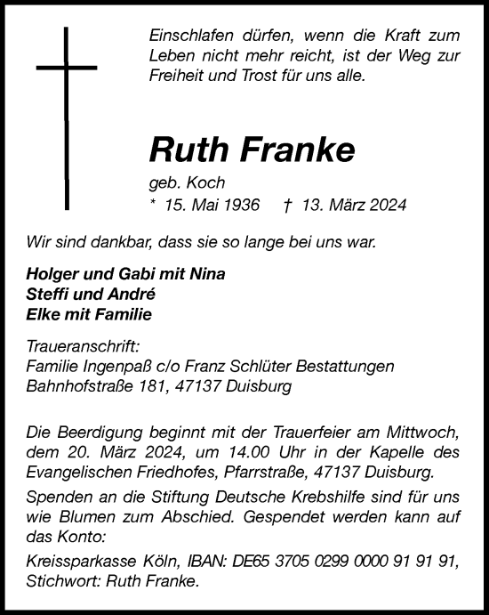 Traueranzeigen von Ruth Franke | Trauer-in-NRW.de