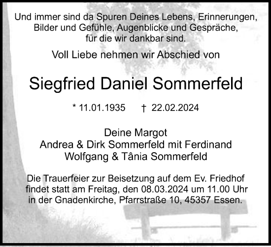 Traueranzeigen von Siegfried Daniel Sommerfeld | Trauer-in-NRW.de