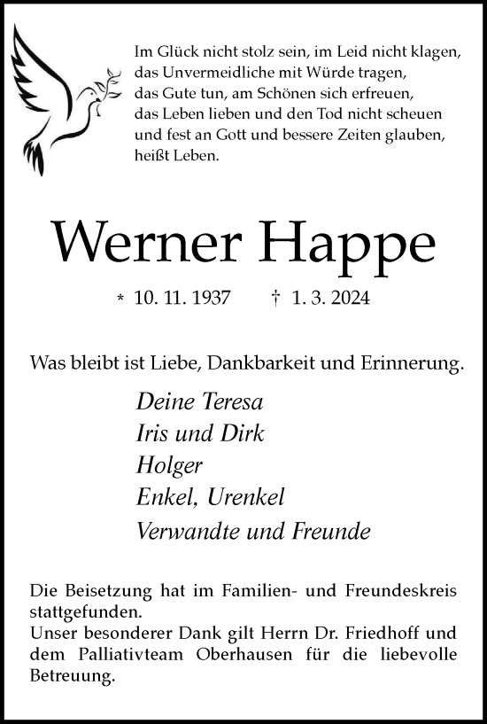 Traueranzeigen von Werner Happe | Trauer-in-NRW.de