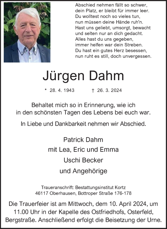 Traueranzeigen von Jürgen Dahm | Trauer-in-NRW.de