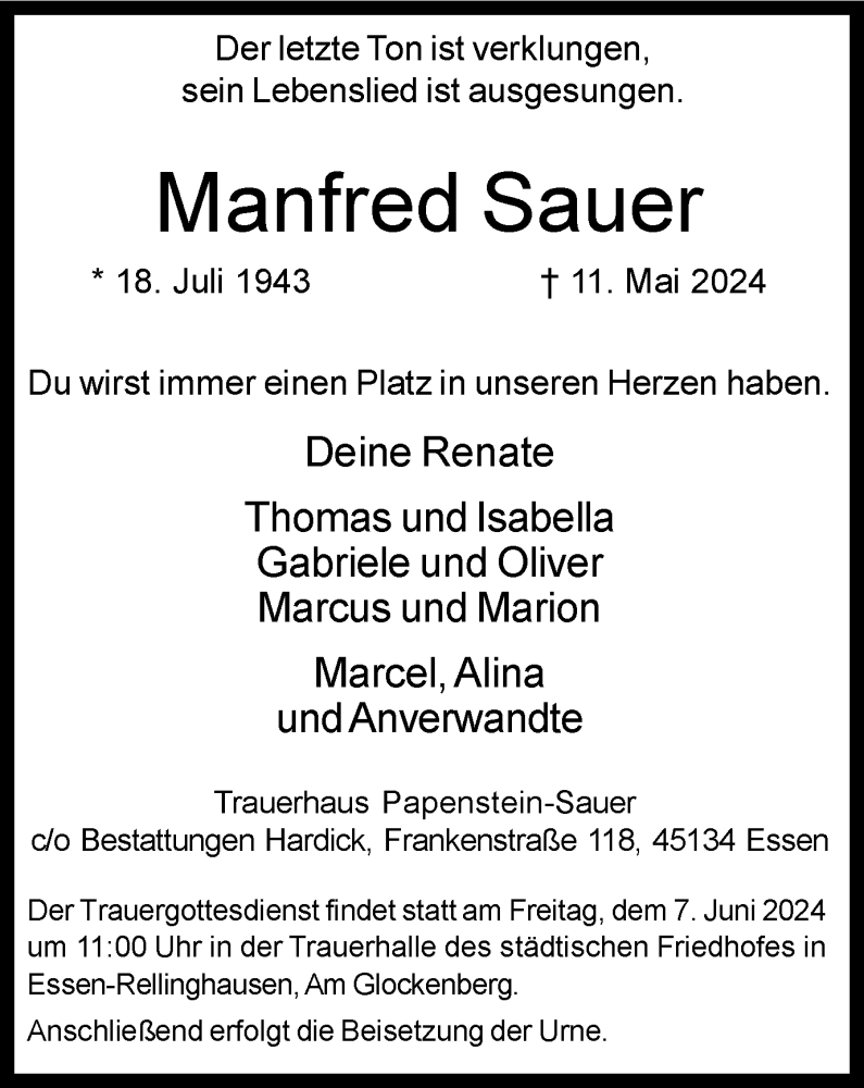 Traueranzeigen von Manfred Sauer | Trauer-in-NRW.de