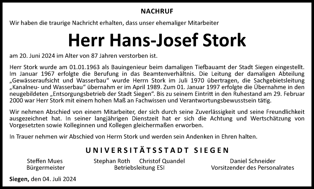 Traueranzeigen von Hans-Josef Stork | Trauer-in-NRW.de