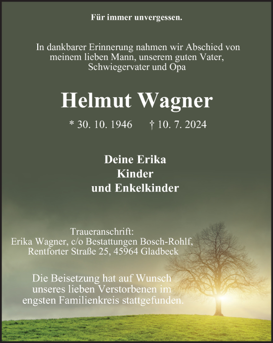 Traueranzeigen von Helmut Wagner | Trauer-in-NRW.de