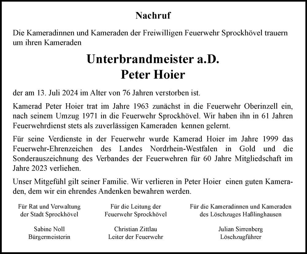 Traueranzeigen von Peter Hoier | Trauer-in-NRW.de
