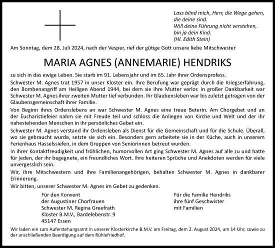 Traueranzeigen von Maria Agnes Hendriks | Trauer-in-NRW.de