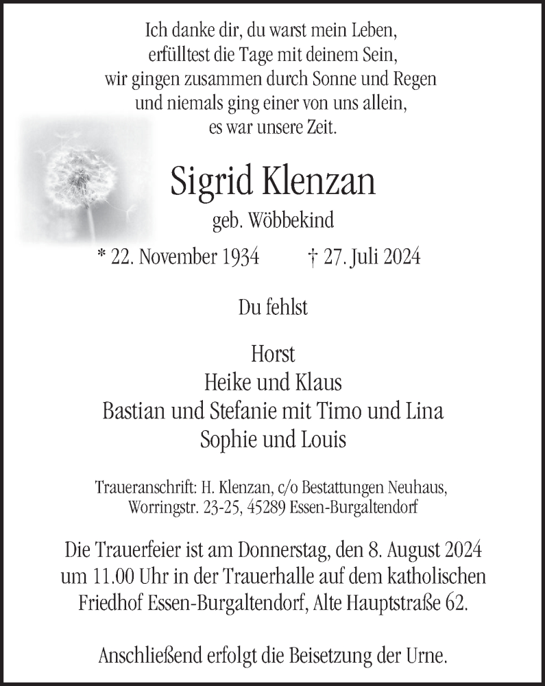 Traueranzeigen von Sigrid Klenzan | Trauer-in-NRW.de