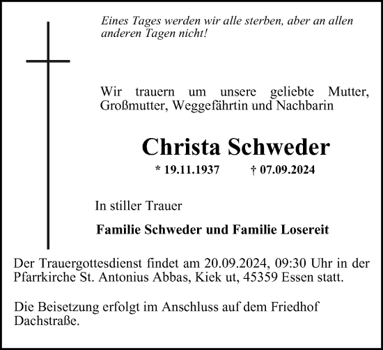 Traueranzeigen von Christa Schweder | Trauer-in-NRW.de