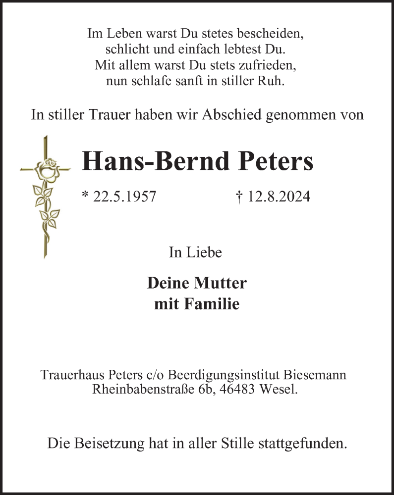 Traueranzeigen von Hans-Bernd Peters | Trauer-in-NRW.de