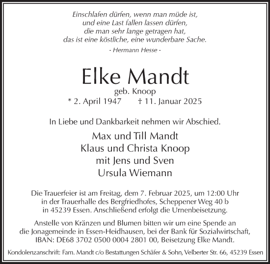 Traueranzeigen von Elke Mandt | Trauer-in-NRW.de