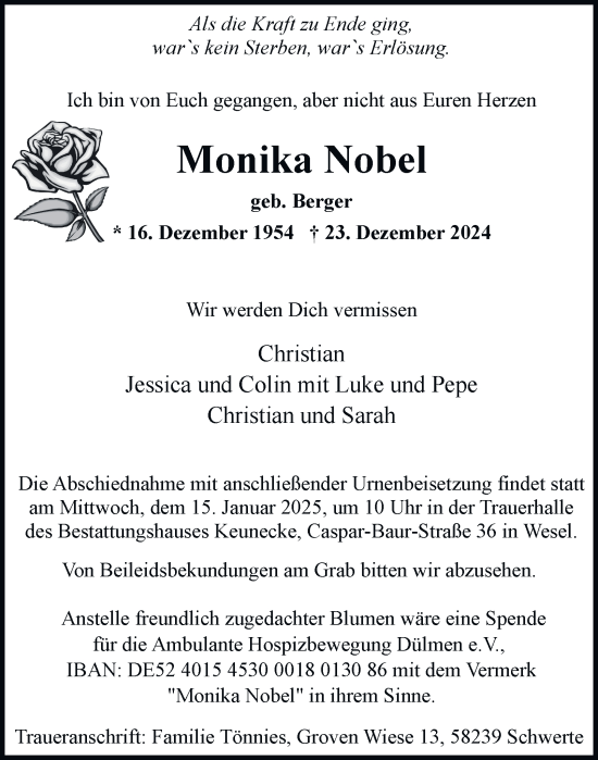 Traueranzeigen von Monika Nobel | Trauer-in-NRW.de