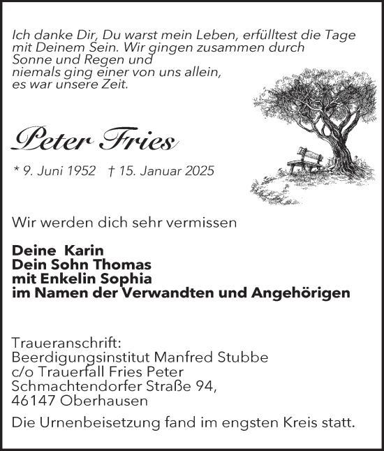Traueranzeigen von Peter Fries | Trauer-in-NRW.de