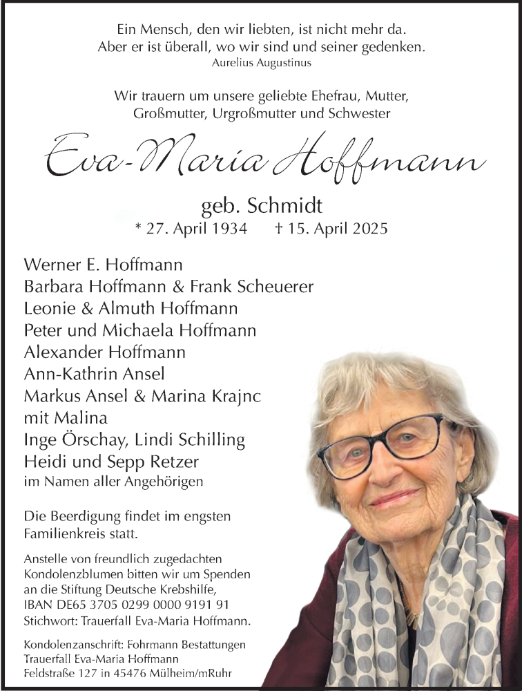 Traueranzeigen von Eva-Maria Hoffmann | Trauer-in-NRW.de