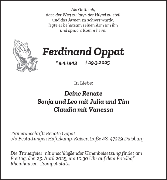 Traueranzeigen von Ferdinand Oppat | Trauer-in-NRW.de