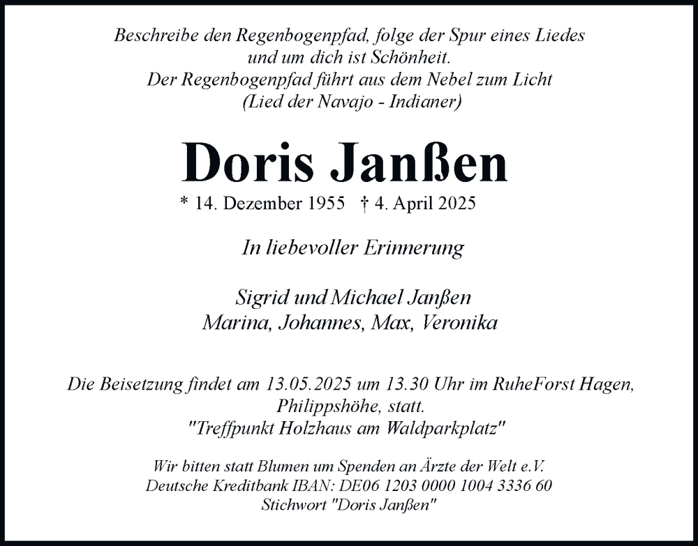 Traueranzeigen von Doris Janßen | Trauer-in-NRW.de