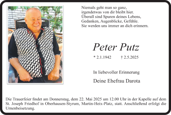 Traueranzeigen von Peter Putz | Trauer-in-NRW.de
