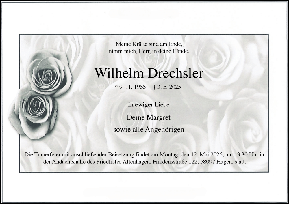 Traueranzeigen von Wilhelm Drechsler | Trauer-in-NRW.de