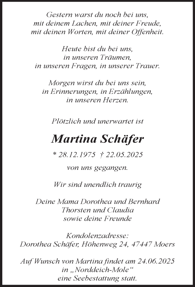 Traueranzeigen von Martina Schäfer | Trauer-in-NRW.de