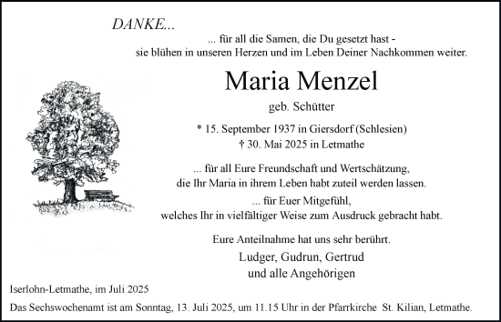 Traueranzeigen von Maria Menzel | Trauer-in-NRW.de