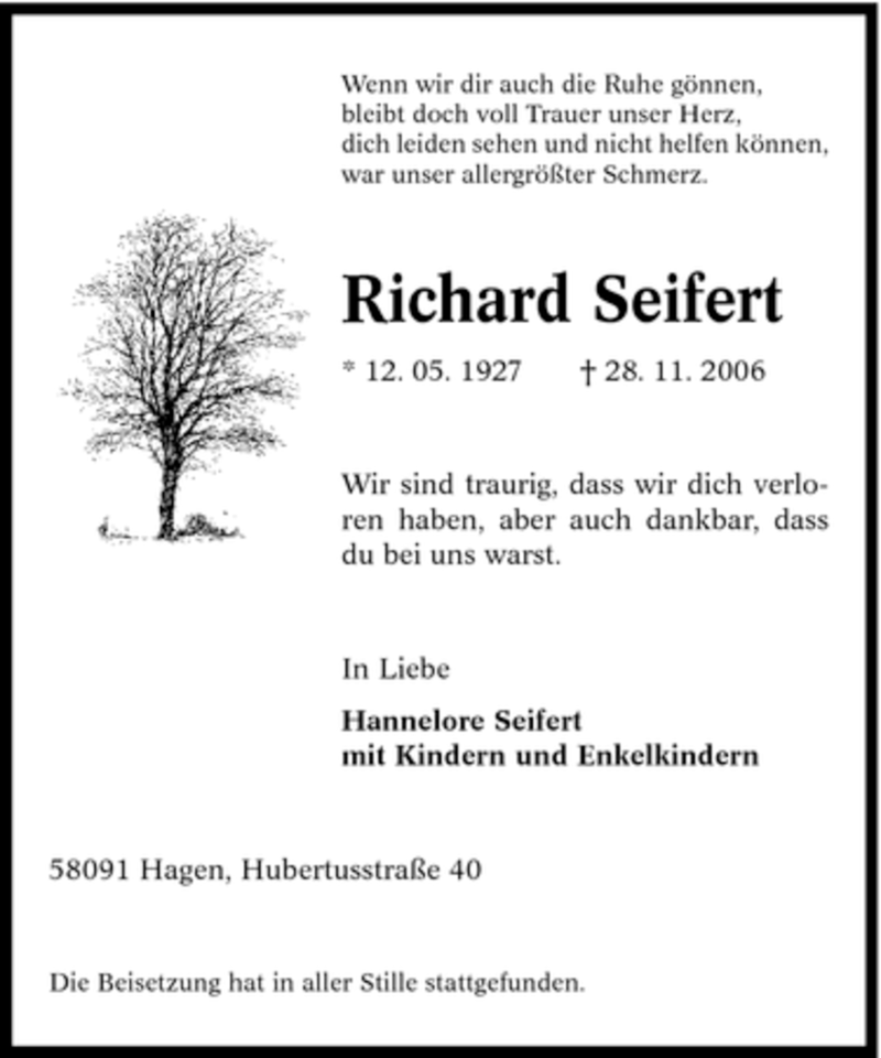 Traueranzeigen von Richard Seifert | Trauer-in-NRW.de
