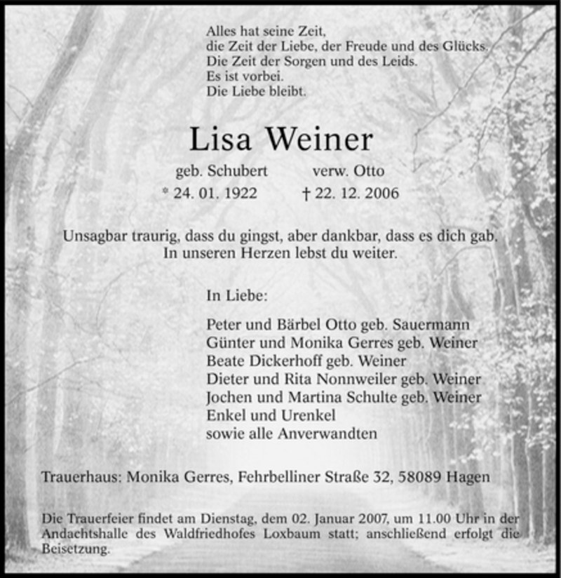 Traueranzeigen von Lisa Weiner | Trauer-in-NRW.de