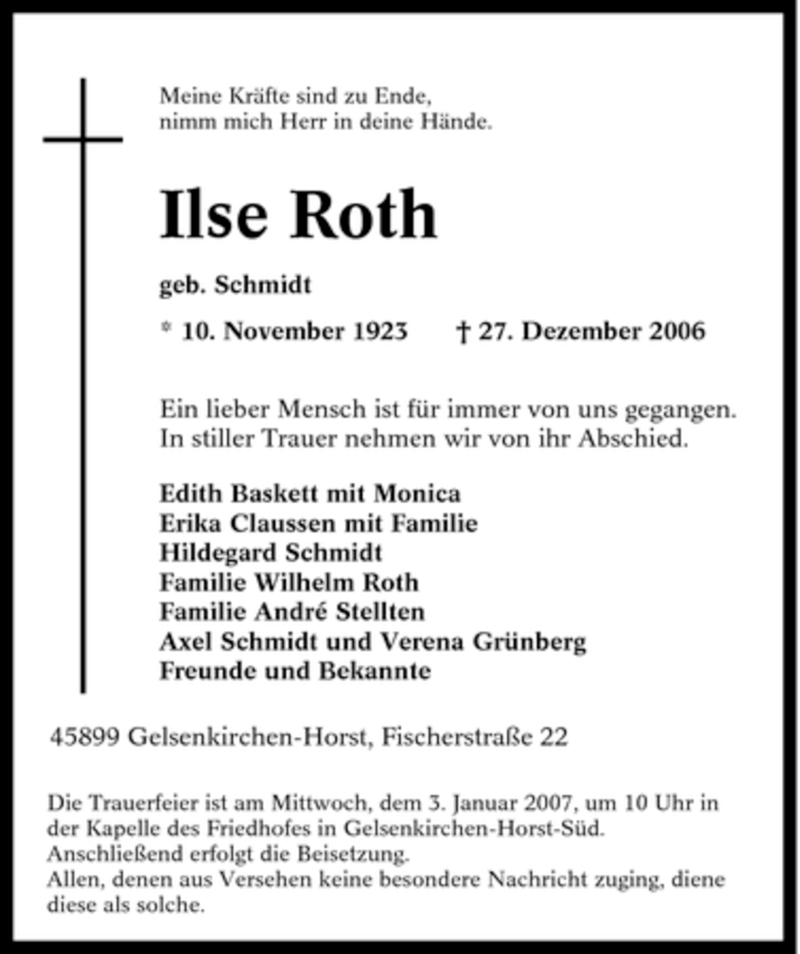 Traueranzeigen von Ilse Roth | Trauer-in-NRW.de