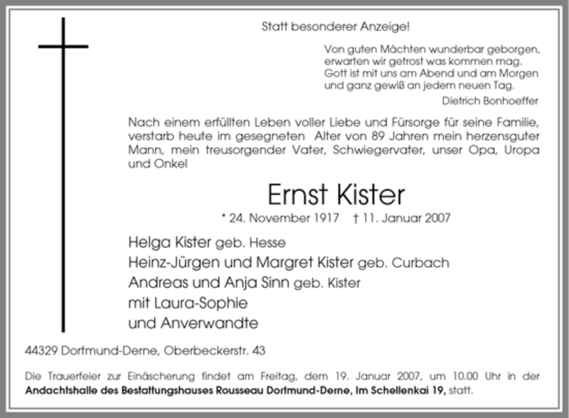 Traueranzeigen von Ernst Kister | Trauer-in-NRW.de