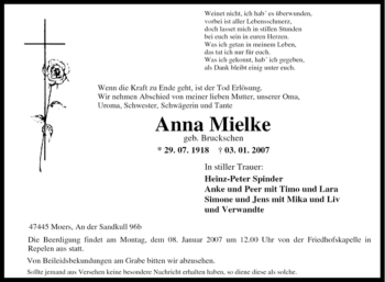Traueranzeigen von Anna Mielke | Trauer-in-NRW.de