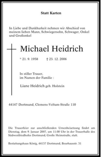 Traueranzeigen von Michael Heidrich | Trauer-in-NRW.de