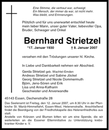 Traueranzeigen von Bernhard Strietzel | Trauer-in-NRW.de