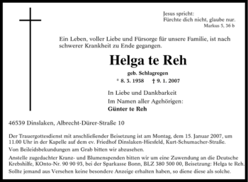Traueranzeigen von Helga te Reh | Trauer-in-NRW.de